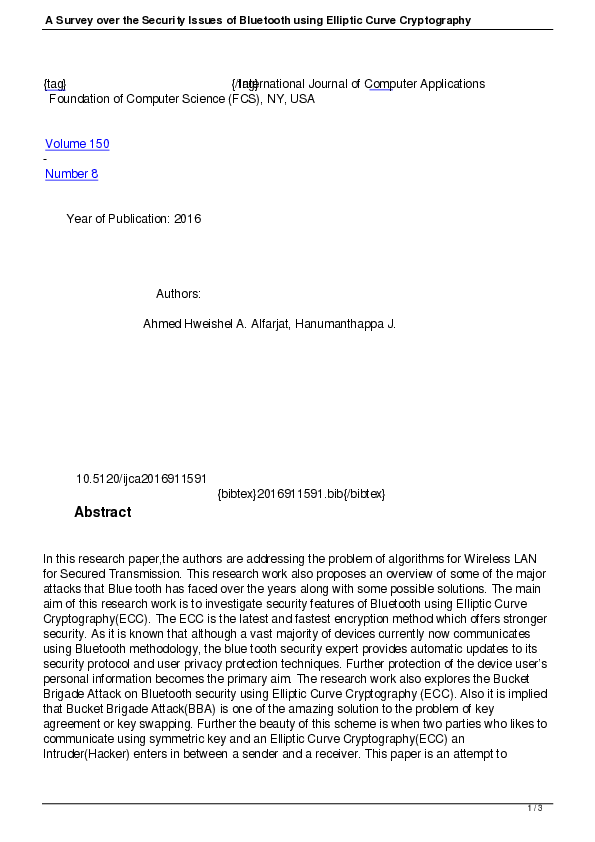 Pdf A Survey Over The Security Issues Of Bluetooth Using Elliptic 1806