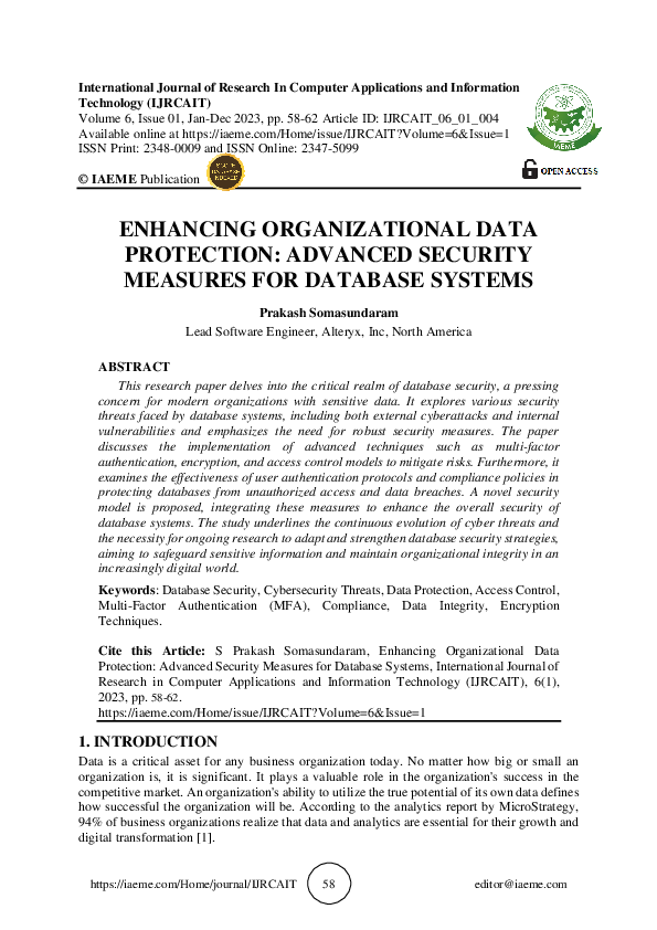 (PDF) ENHANCING ORGANIZATIONAL DATA PROTECTION: ADVANCED SECURITY MEASURES FOR DATABASE SYSTEMS