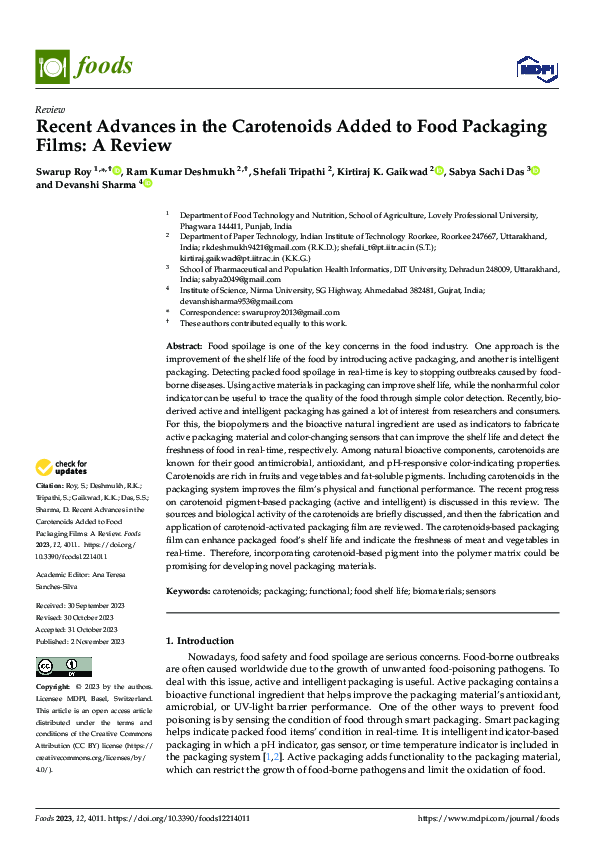 (PDF) Recent Advances in the Carotenoids Added to Food Packaging Films: A Review
