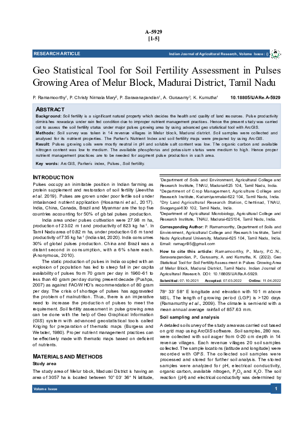 (PDF) Geo Statistical Tool for Soil Fertility Assessment in Pulses Growing Area of Melur Block ...