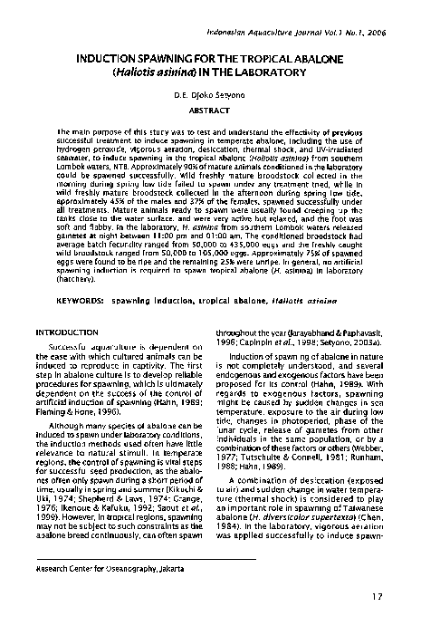 (PDF) INDUCTION SPAWNING FOR THE TROPICAL ABALONE (Haliotis asinina) IN ...