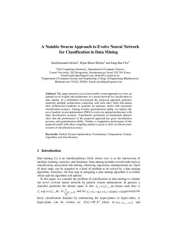 (PDF) A Notable Swarm Approach to Evolve Neural Network for Classification in Data Mining