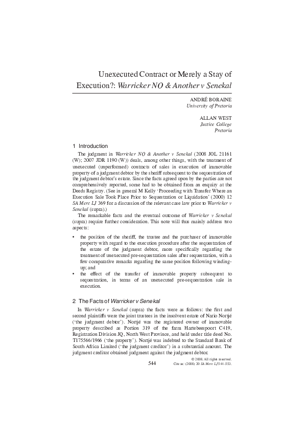 (PDF) Unexecuted contract or merely a stay of execution?: Warricker NO ...
