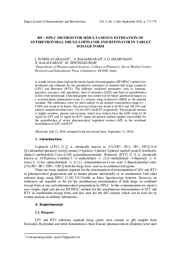 (PDF) RP - HPLC Method for Simultaneous Estimation of Antiretroviral Drugs Lopinavir and ...