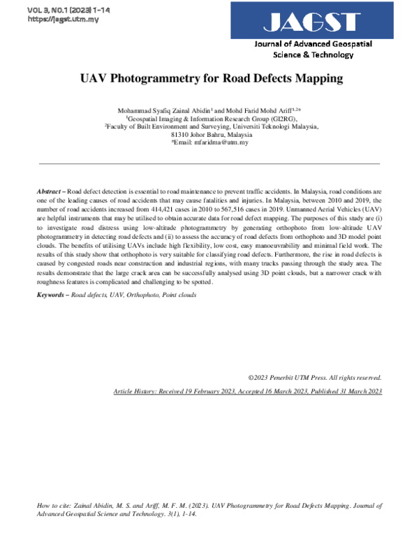 (PDF) Low Altitude Photogrammetry for Road Defects Detection