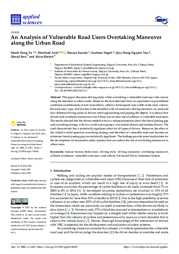 (PDF) An Analysis of Vulnerable Road Users Overtaking Maneuver along the Urban Road | Mạnh Vũ ...