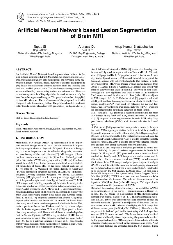 (PDF) Artificial Neural Network based Lesion Segmentation of Brain MRI | arunava de - Academia.edu