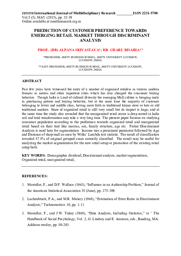 (PDF) Prediction of customer preference towards emerging retail market through discriminant ...