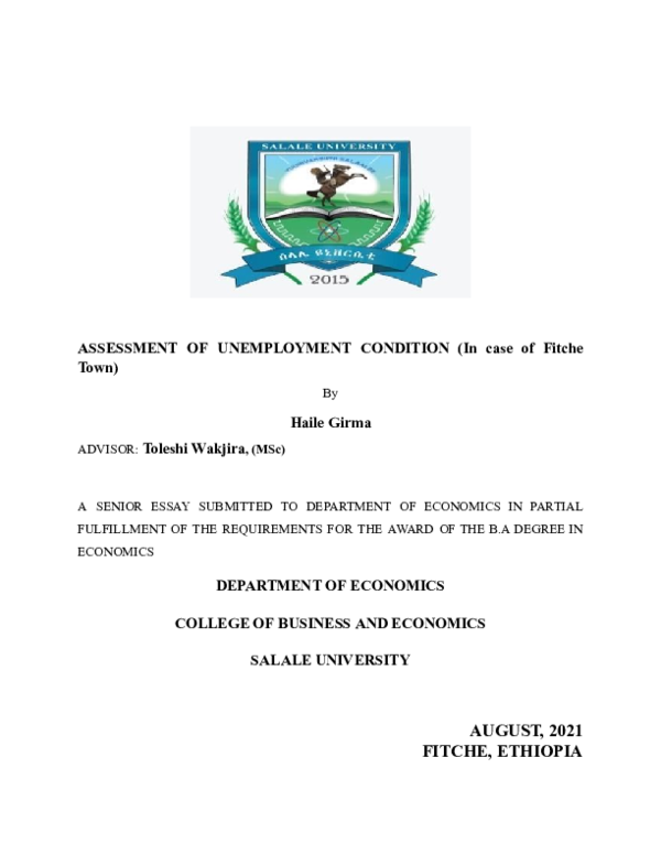 (PDF) ASSESSMENT OF UNEMPLOYMENT CONDITION (In case of Fitche Town