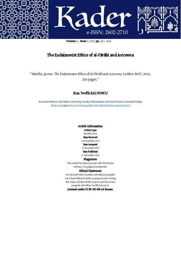 (PDF) The Eudaimonist Ethics of al-Fārābī and Avicenna Book Review