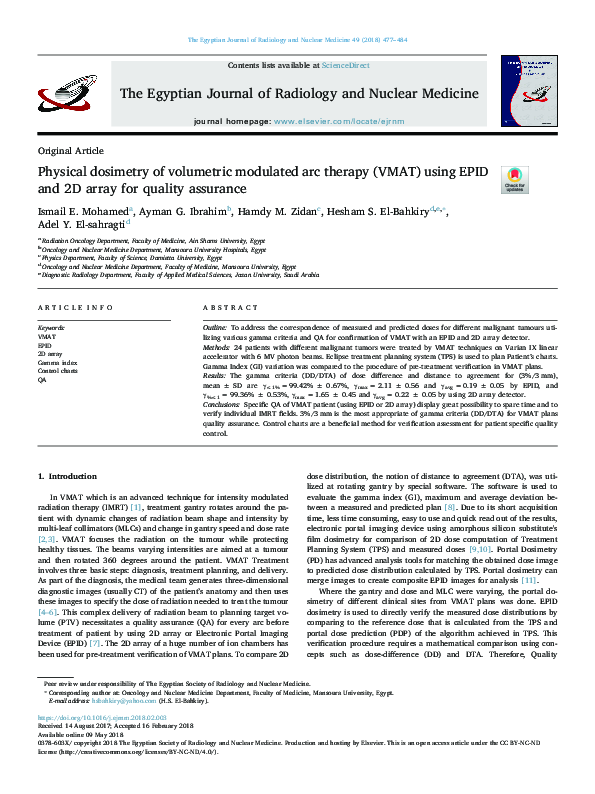 (PDF) Physical dosimetry of volumetric modulated arc therapy (VMAT) using EPID and 2D array for ...