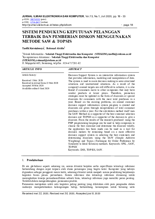 (PDF) Sistem Pendukung Keputusan Pelanggan Terbaik Dan Pemberian Diskon Menggunakan Metode Saw ...
