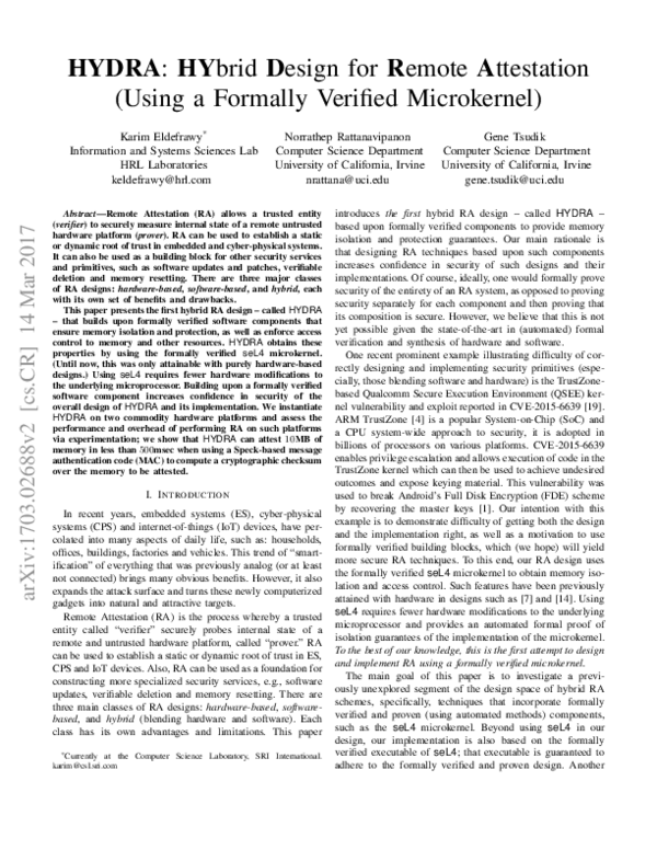 (PDF) HYDRA: HYbrid Design for Remote Attestation (Using a Formally ...