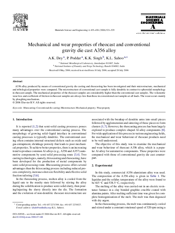 (PDF) Mechanical and wear properties of rheocast and conventional gravity die cast A356 alloy ...