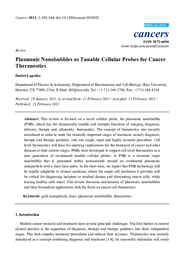 (PDF) Plasmonic nanobubbles as tunable cellular probes for cancer ...
