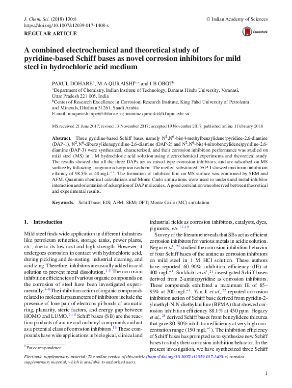 (PDF) A combined electrochemical and theoretical study of pyridine-based Schiff bases as novel ...