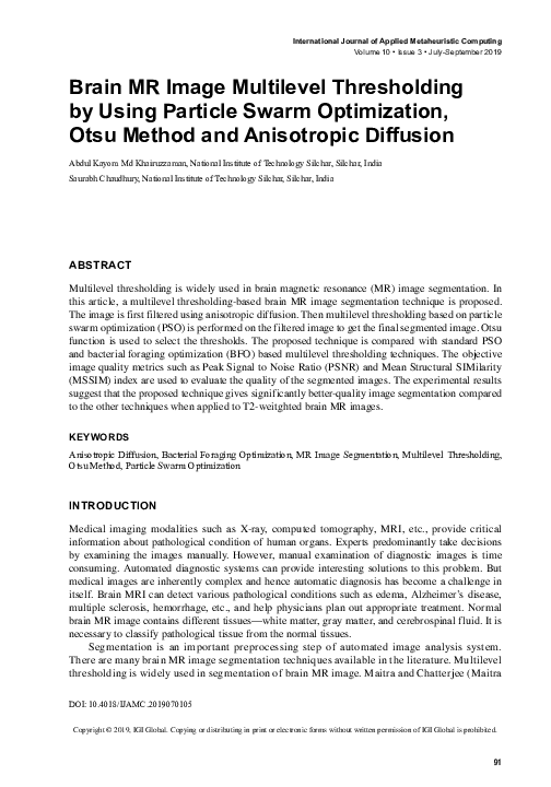 Pdf Brain Mr Image Multilevel Thresholding By Using Particle Swarm Optimization Otsu Method