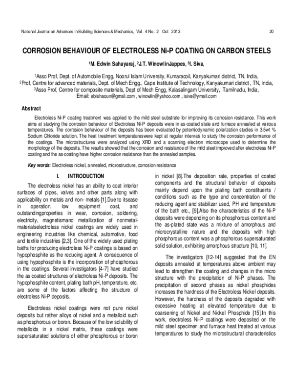 Pdf Corrosion Behaviour Of Electroless Ni P Coating On Carbon Steels