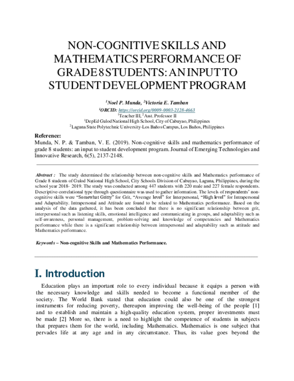 (PDF) Non-cognitive skills and mathematics performance of grade 8 ...