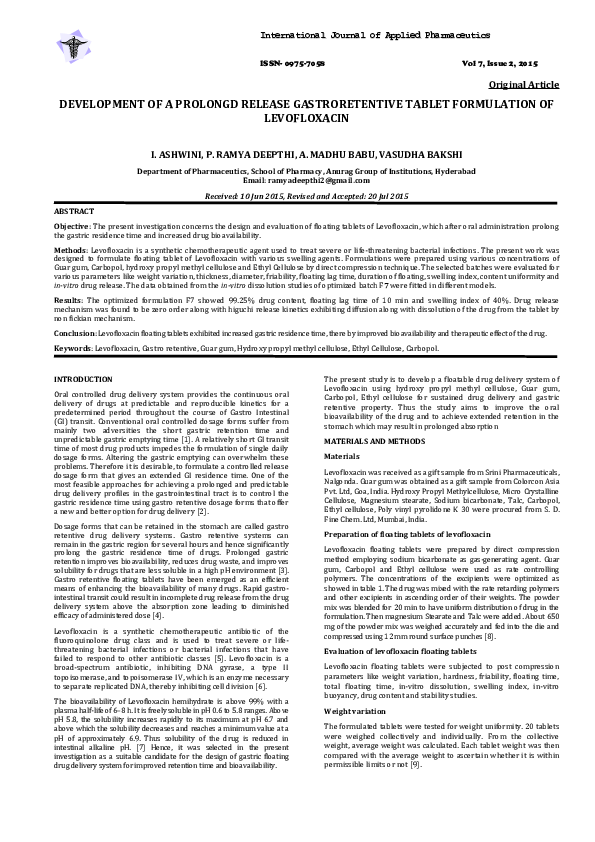 Pdf Development Of A Prolongd Release Gastroretentive Tablet Formulation Of Levofloxacin