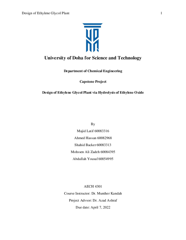 (PDF) Design of Ethylene Glycol Plant via Hydrolysis of Ethylene Oxide