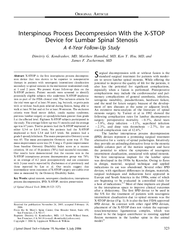 (PDF) Interspinous Process Decompression With the X-STOP Device for ...