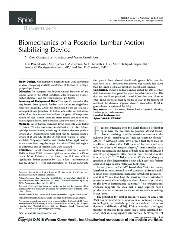 (PDF) Biomechanics of a Posterior Lumbar Motion Stabilizing Device