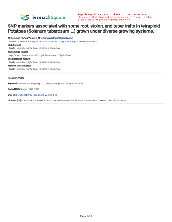 (PDF) SNP markers associated with some root, stolon, and tuber traits in tetraploid Potatoes ...