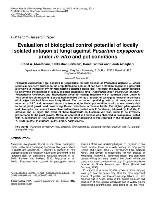 (PDF) Evaluation of biological control potential of locally isolated antagonist fungi against ...