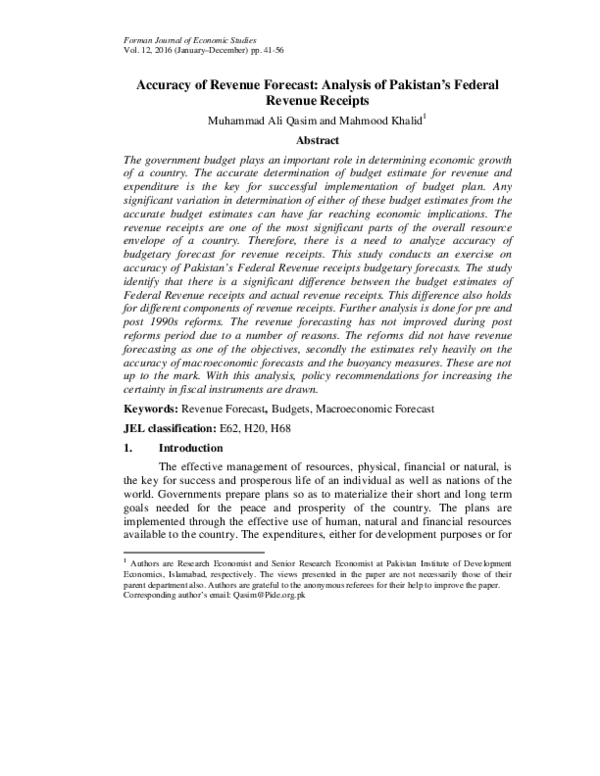 (PDF) Accuracy of Revenue Forecast: Analysis of Pakistan’s Federal ...