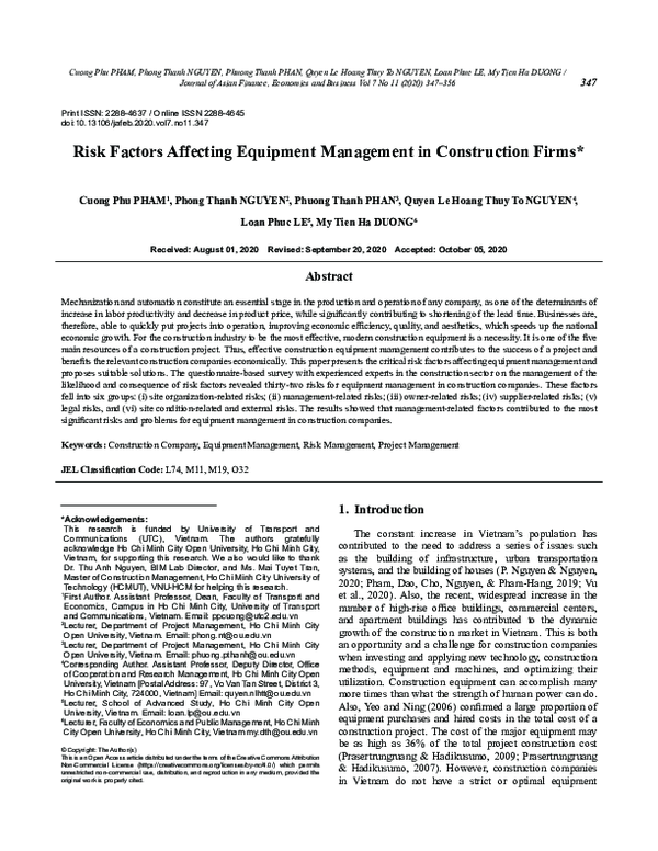 (PDF) Risk Factors Affecting Equipment Management in Construction Firms