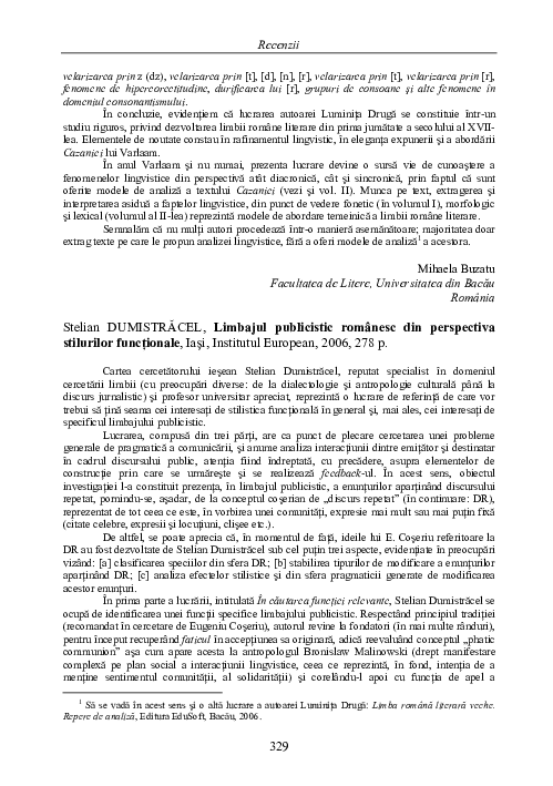 (PDF) Recenzie: Stelian Dumistrăcel, "Limbajul publicistic românesc din ...