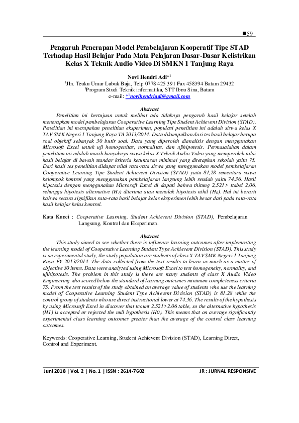 (PDF) Pengaruh Penerapan Model Pembelajaran Kooperatif Tipe STAD Terhadap Hasil Belajar Pada ...