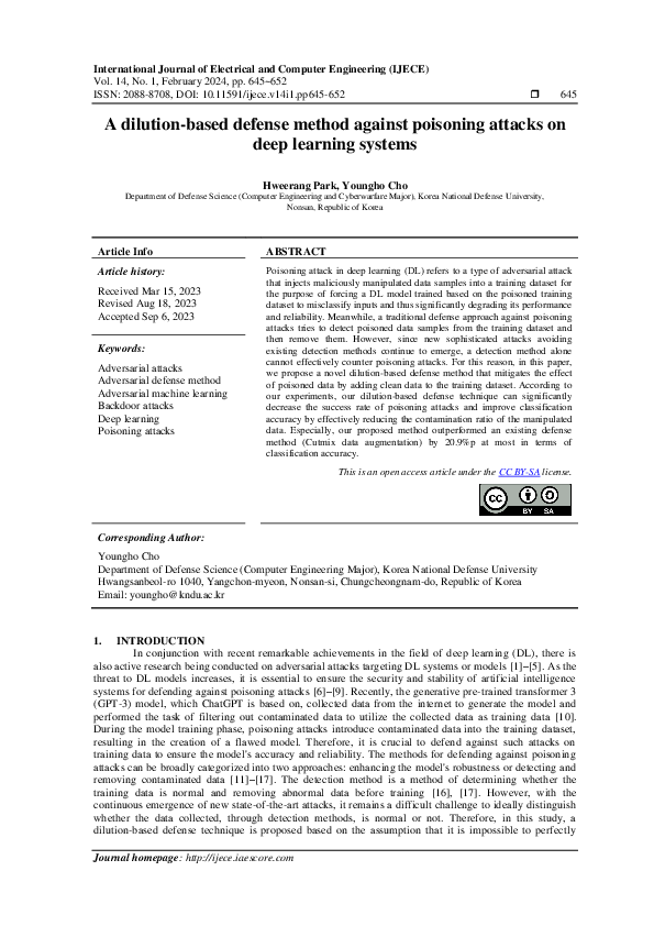 (PDF) A dilution-based defense method against poisoning attacks on deep learning systems