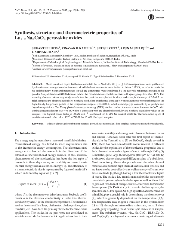(PDF) Synthesis, structure and thermoelectric properties of $$\\mathrm ...