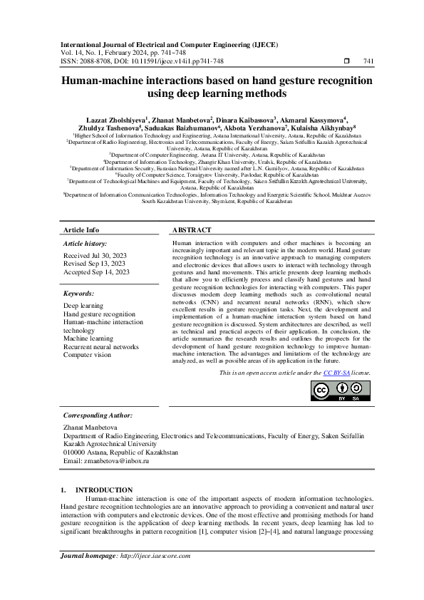 Pdf Human Machine Interactions Based On Hand Gesture Recognition Using Deep Learning Methods