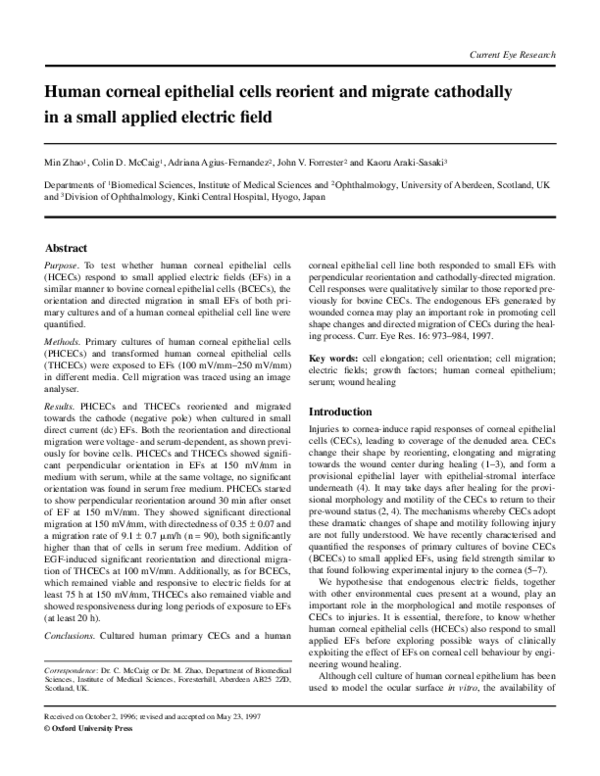 (PDF) Human corneal epithelial cells reorient and migrate cathodally in ...