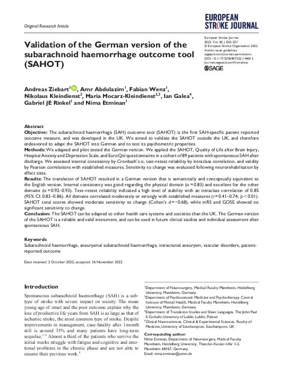 (PDF) Validation of the German version of the subarachnoid haemorrhage ...
