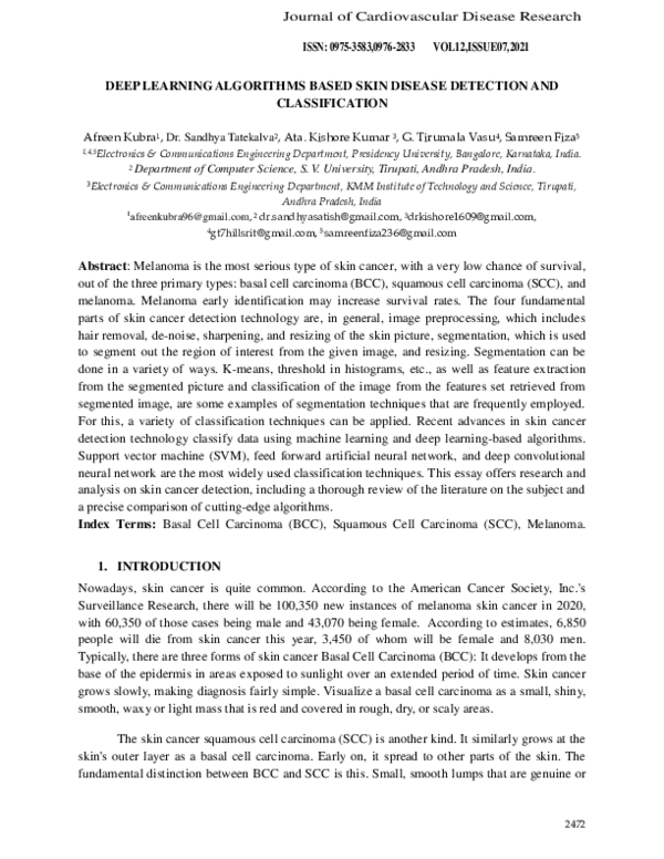(PDF) DEEP LEARNING ALGORITHMS BASED SKIN DISEASE DETECTION AND CLASSIFICATION
