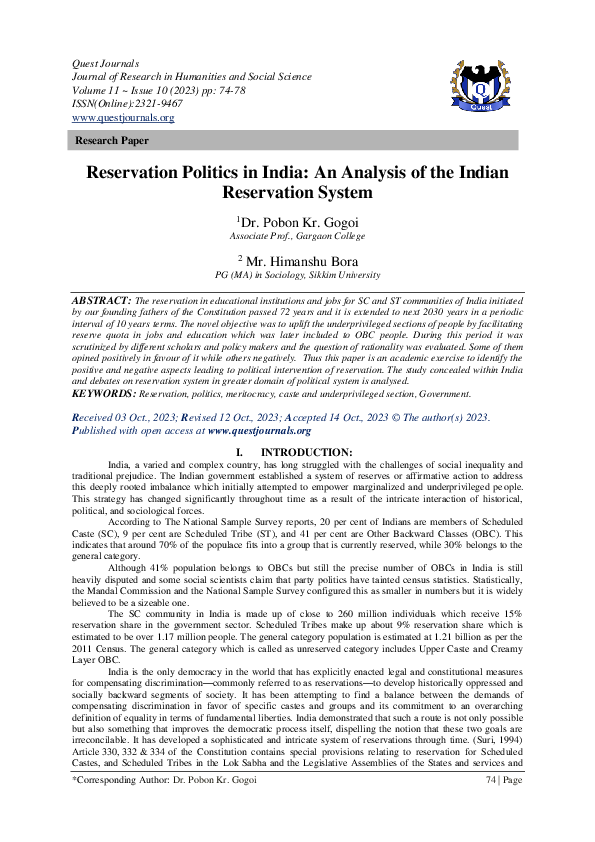 (PDF) Political Impacts of India's Reservation System