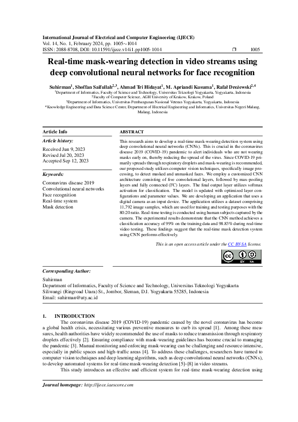 Pdf Real Time Mask Wearing Detection In Video Streams Using Deep Convolutional Neural Networks