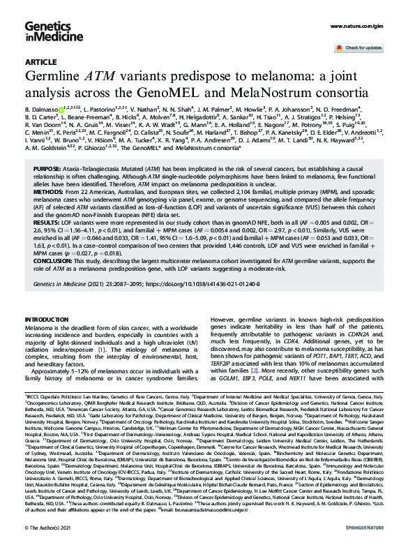(PDF) Germline ATM variants predispose to melanoma: a joint analysis ...