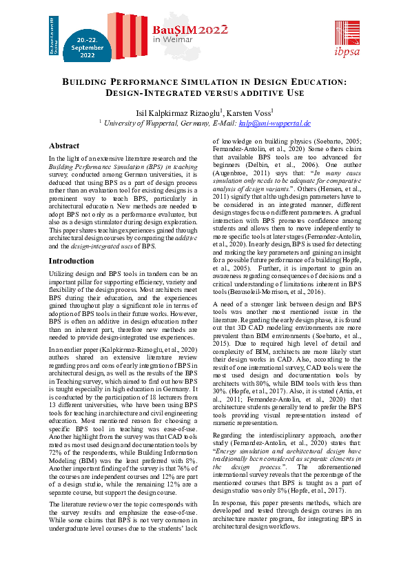 (PDF) Building Performance Simulation in Design Education: Design-Integrated Versus Additive Use