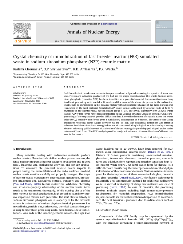 (PDF) Crystal chemistry of immobilization of fast breeder reactor (FBR) simulated waste in ...