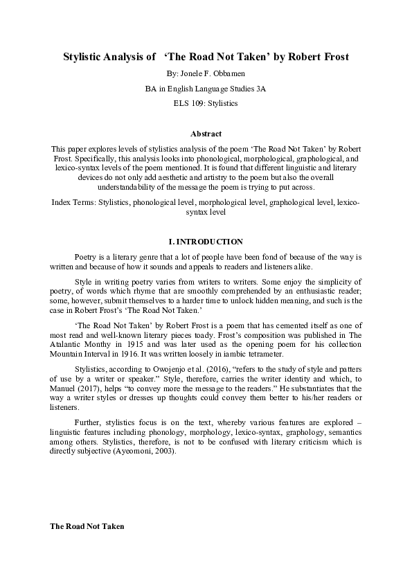 (DOC) Stylistics Analysis of 'The Road Not Taken' by Robert Frost