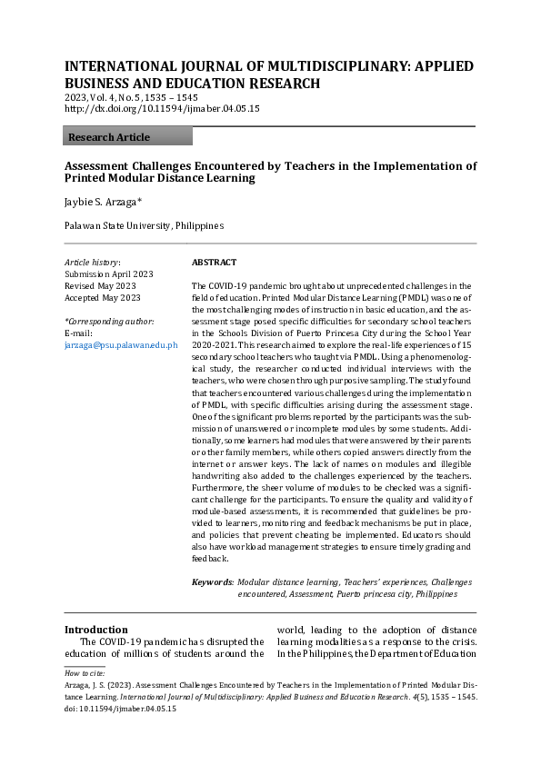 (PDF) Assessment Challenges Encountered by Teachers in the Implementation of Printed Modular ...