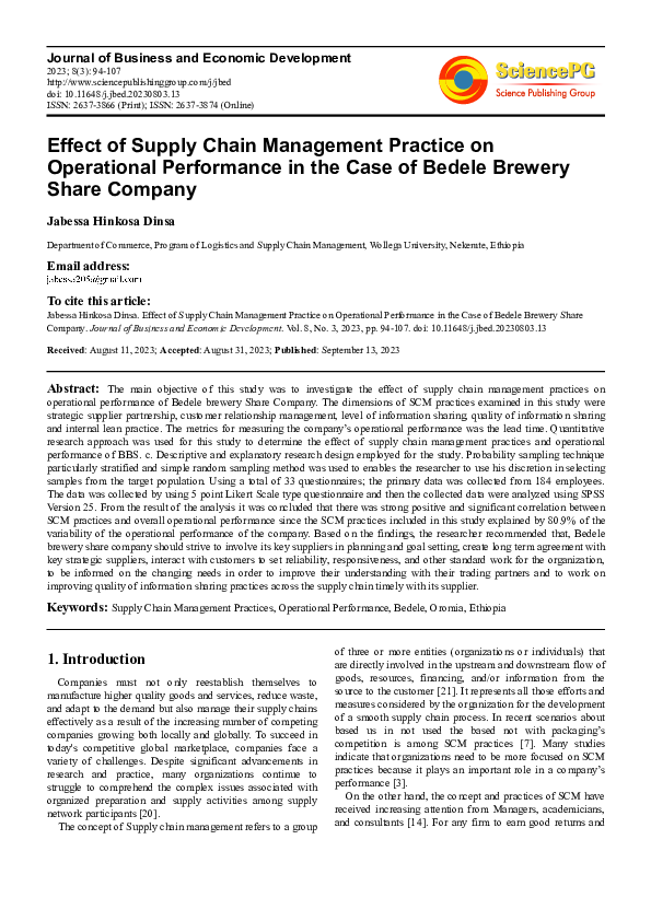 (PDF) Effect of Supply Chain Management Practice on Operational Performance in the Case of ...