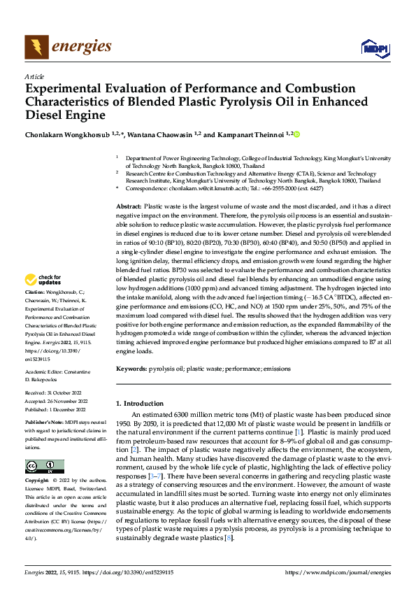(PDF) Experimental Evaluation of Performance and Combustion Characteristics of Blended Plastic ...
