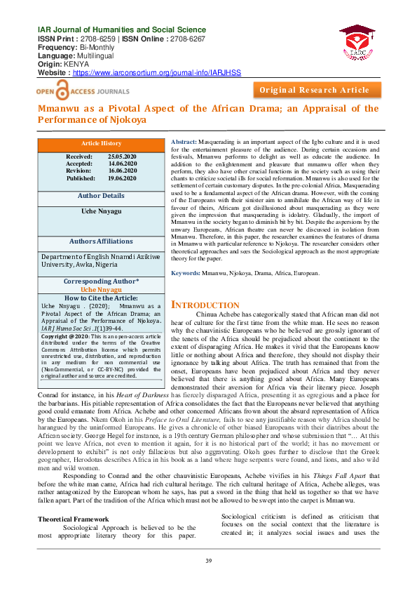 (PDF) Mmanwu as a Pivotal Aspect of the African Drama; an Appraisal of ...