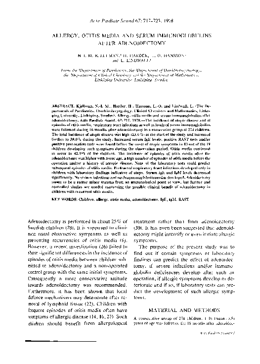 (PDF) Allergy, Otitis Media and Serum Immunoglobulins After Adenoidectomy